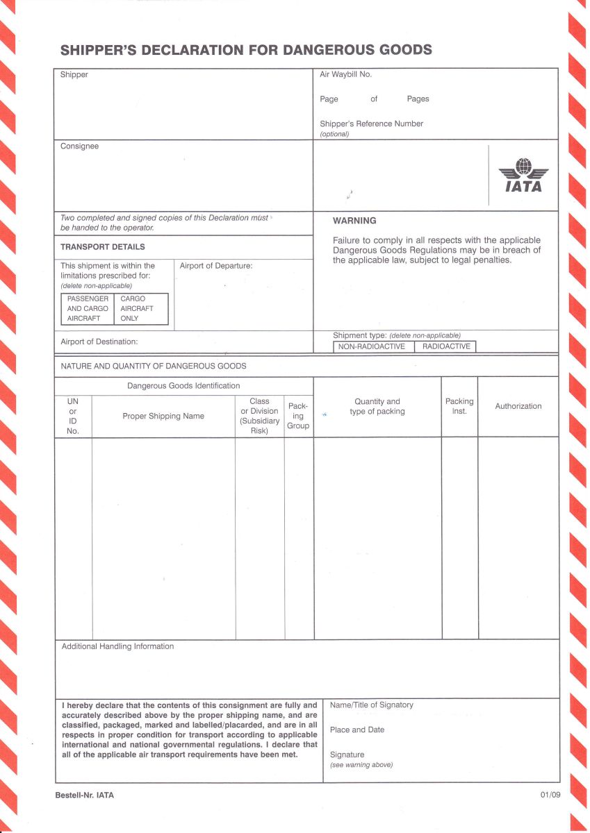 IATA Shipper´s Declaration for Dangerous Goods